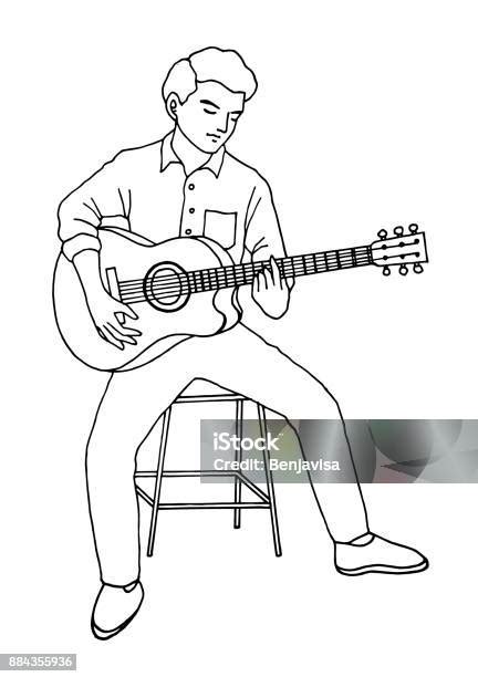 기타 손으로 그린 벡터 일러스트 레이 션 디자인을 재생 하는 남자 기타 연주자에 대한 스톡 벡터 아트 및 기타 이미지 기타