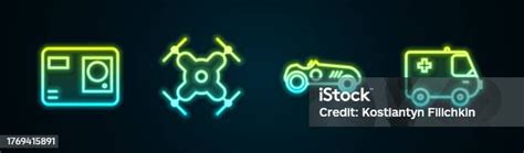 세트 라인 액션 익스트림 카메라 드론 비행 빈티지 스포츠 레이싱 카 및 구급차 및 응급 상황 빛나는 네온 아이콘입니다 벡터 0명에 대한 스톡 벡터 아트 및 기타 이미지