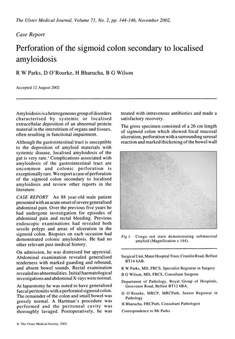 Pdf Perforation Of The Sigmoid Colon Secondary To Localised Amyloidosis