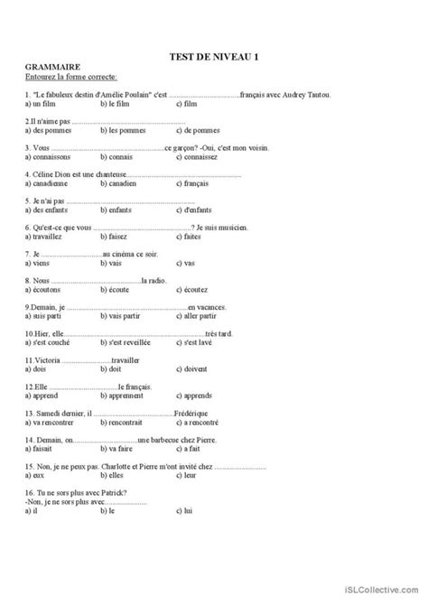 Test De Niveau Fran Ais Fle Fiches Pedagogiques Pdf Doc