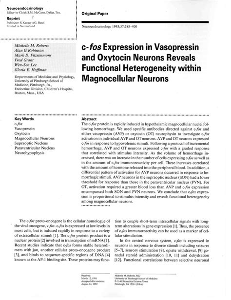 Pdf C Fos Expression In Vasopressin And Oxytocin Neurons Reveals
