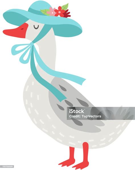 아름 다운 백색 구 스 만화 캐릭터 착용 라이트 블루 우아한 모자 와 꽃 벡터 일러스트 거위 새에 대한 스톡 벡터 아트 및 기타 이미지 거위 새 모자 모자류 흰색