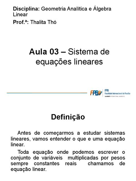 Aula 03 Sistemas De Equações Lineares Pdf Equações Sistema De