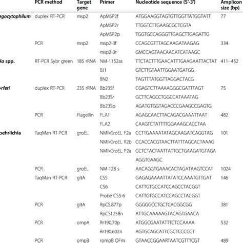 Molecular Detection Of Tick Borne Pathogens Pcr Methods Target Genes Download Table