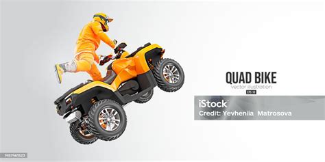 Atv 쿼드 바이크 모든 지형 차량 흰색 배경에 고립된 현실적인 실루엣 라이더는 쿼드 바이크에서 점프합니다 벡터 그림 3차원 형태에 대한 스톡 벡터 아트 및 기타 이미지