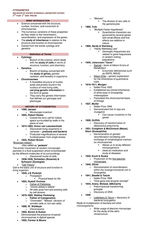 Cytogenetics Prelim Reviewer BACHELOR OF SCIENCE IN MEDICAL LABORATORY SCIENCE ND YEAR ST