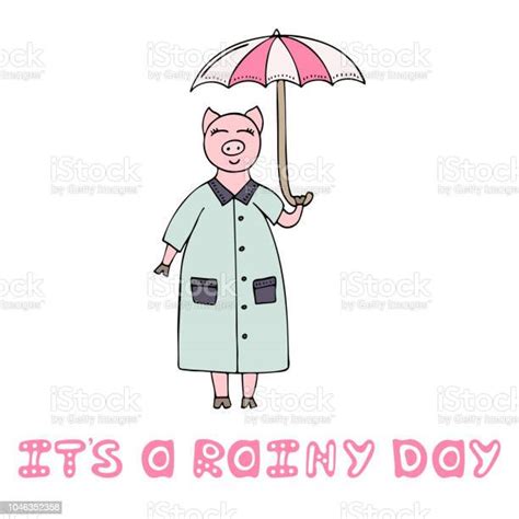 빗 속에서 우산으로 돼지와 벡터 손으로 그린 그림 그것은 비오는 날입니다 0명에 대한 스톡 벡터 아트 및 기타 이미지 0명