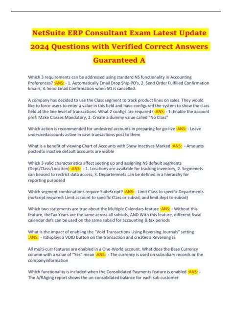 Netsuite Erp Consultant Exam Latest Update 2024 Questions With Verified Correct Answers