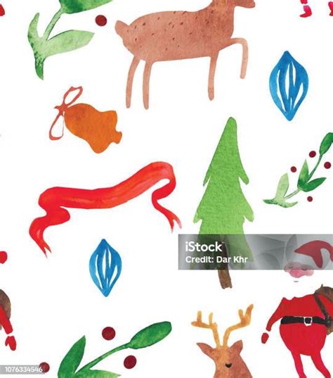 크리스마스 수채화와 산타 사슴 리본 벨 나무 아름 다운 완벽 한 패턴입니다 행복 한 새 해 장식입니다 섬유 종이 카드 등 휴일 장식 인쇄 0명에 대한 스톡 벡터 아트 및