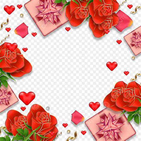 장미와 선물 상자와 발렌타인 데이 인사말 프레임 디자인 투명 배경 일러스트 Png 클립 아트 발렌타인데이 사랑 인사 Png 일러스트 및 Psd 이미지 무료 다운로드