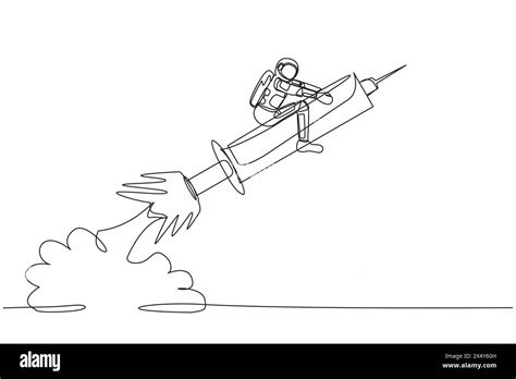 Continuous One Line Drawing Astronaut Riding Syringe Rocket Flying In Moon Surface Examining