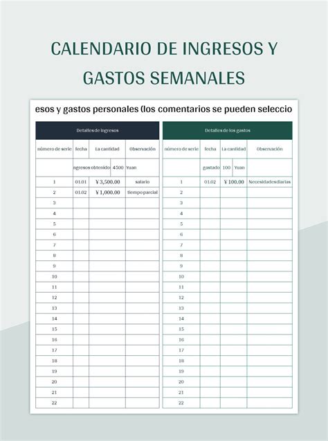Plantilla De Formato Excel Calendario De Ingresos Y Gastos Semanales Y