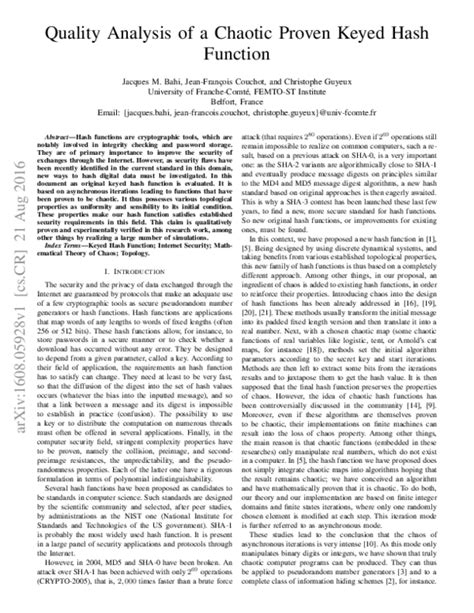 Pdf Quality Analysis Of A Chaotic Proven Keyed Hash Function