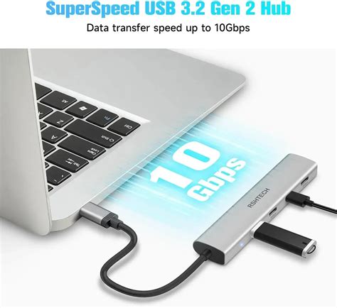 Rshtech 맥북 노트북용 Usb C 허브 휴대용 분배기 알루미늄 Usb C타입 Usb C 어댑터 10gbps 4 포트