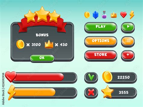 games gui set mobile gaming user interface icons and items colored button status bar ribbons