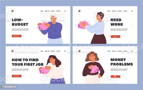 돼지 저금통을 흔드는 사람들이 있는 랜딩 페이지 세트 실업자는 금융 위기로 고통받습니다 금융에 대한 스톡 벡터 아트 및 기타 이미지 금융 남자 동전 Istock