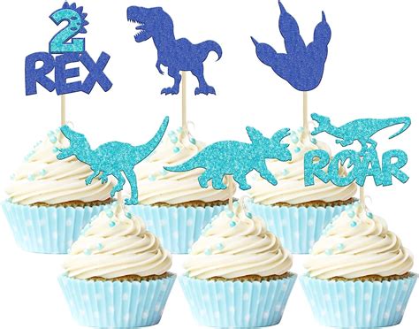 Gyufise 24pcs Dinosaur Cupcake Toppers Blue Glitter 2 Rex Roar Dinosaur