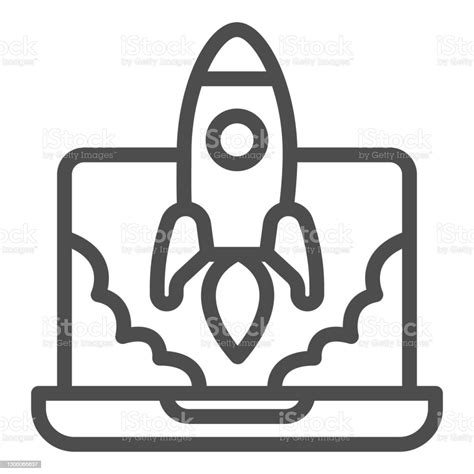 노트북 및 로켓 발사 라인 아이콘 시작 개념 흰색 배경에 사이트 발사 기호 모바일 및 웹 디자인에 대한 개요 스타일의 태블릿 아이콘에서 발사 로켓 벡터 그래픽 Launch