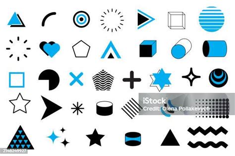 기하학적 모양과 디자인 요소의 모음입니다 파란색과 검은색의 다양한 아이콘 벡터 그래픽 기호입니다 벡터 일러스트 레이 션입니다 주당순이익 10 개념에 대한 스톡 벡터 아트 및