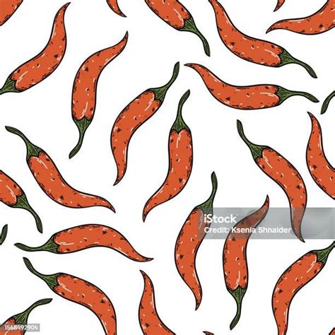 빨간 고추 원활한 벡터 패턴입니다 신선한 익은 칠리 야채입니다 멕시코 아시아 패스트푸드를 위한 매운 카이엔 조미료 손으로 그린 그림 간단한 스케치 포스터 메뉴에 대한 밝은