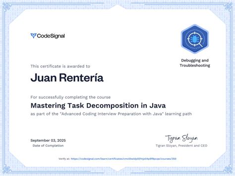 Course Certificate For Mastering Task Decomposition In Java Juan