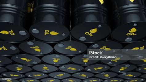 검은 기름 또는 석유 배럴의 벽 휘발유 또는 원유 용기 연료 산업 3d 렌더링 그림 3차원 형태에 대한 스톡 사진 및 기타