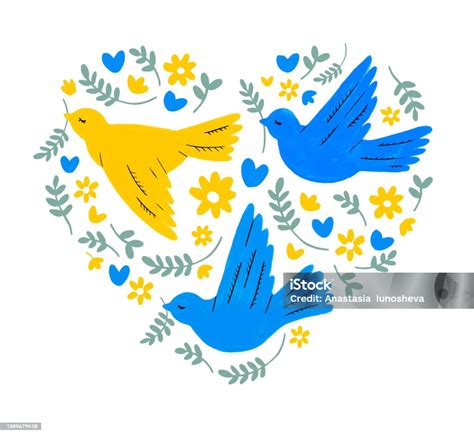 파란색과 노란색 색상의 평화의 손으로 그린 비둘기 귀여운 하트 모양의 일러스트레이션 2022년 러시아의 우크라이나 침공에 대한 스톡 벡터 아트 및 기타 이미지 2022년