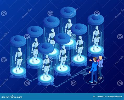 robots with scientists in protective suit making experiments in lab genetic engineering