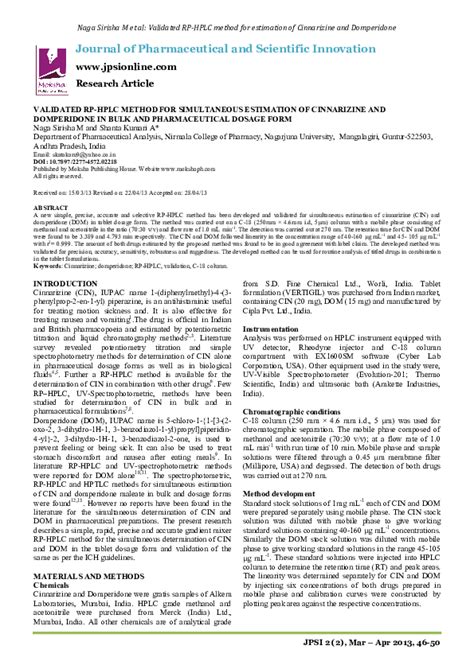 Pdf Validated Rp Hplc Method For Simultaneous Estimation Of Cinnarizine And Domperidone In