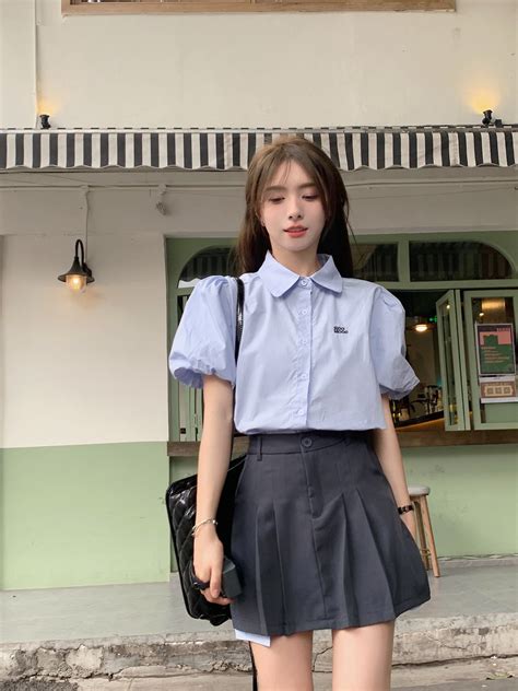 벌룬 블루 반팔 셔츠 코튼 면 프레피 카라 단추 여밈 하프 퍼프 슬리브 반팔 소매 블라우스 청순 여리 귀여운 새내기 여친