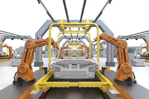 Automation Automobile Factory With Robot Assembly Line Manufacture Ev Car Stock Illustration