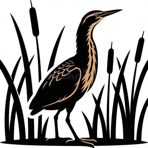 Black Heron Standing In Cattails And Grass On White Background Stock