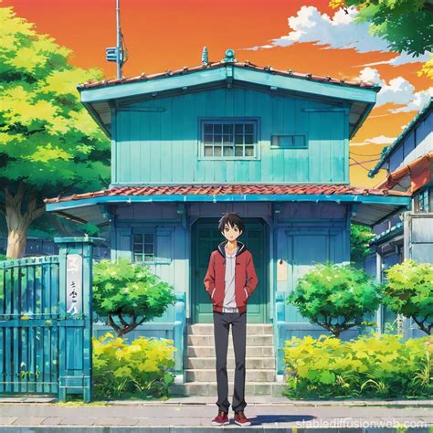 Young Man Before Small Building Stable Diffusion Online