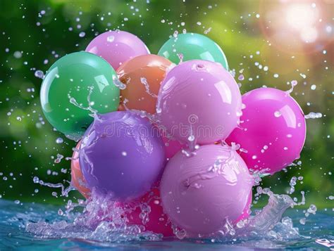 Water Balloons Bursting Mid Air A Colorful Explosion Of Playful Fun Capturing The Joy And
