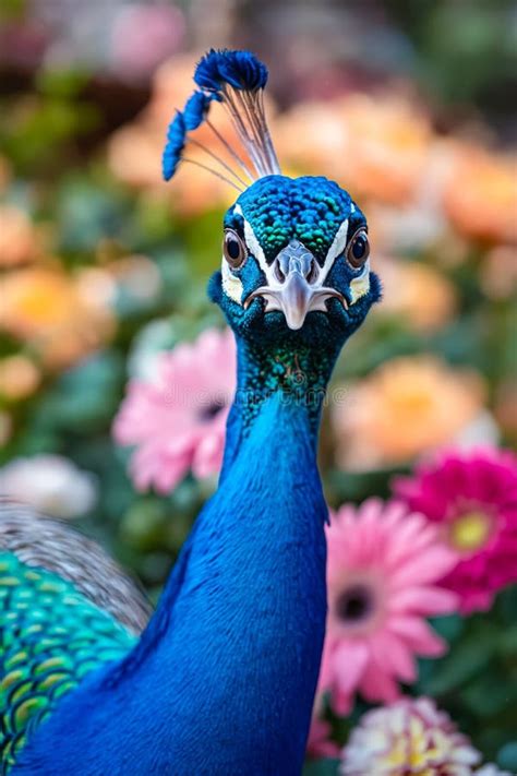 A Peacock Standing In Front Of A Bunch Of Flowers Generative Ai Stock