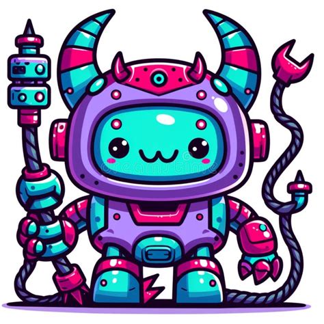 Cute Cartoon Robot With Tiny Horns With Bright Colors Isolated On A White Background 1 Stock