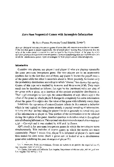 Pdf Zero Sum Sequential Games With Incomplete Information Jean