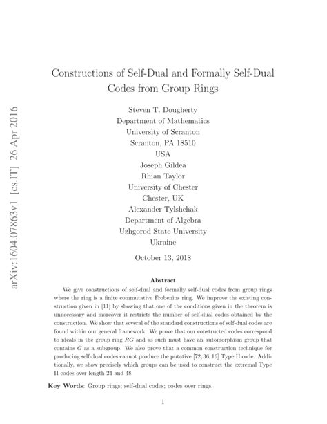 Pdf Constructions Of Self Dual And Formally Self Dual Codes From Group Rings