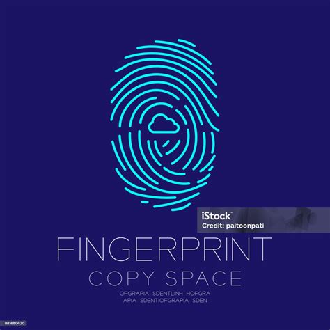 지문 스캔 클라우드 아이콘 기호 개념 아이디어 일러스트 어두운 파란색 배경과 지문 텍스트 복사 공간에 격리 설정 누른 자국에