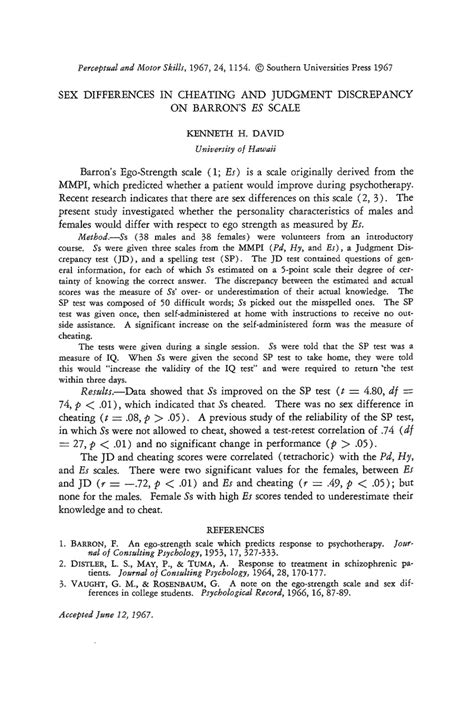 Sex Differences In Cheating And Judgment Discrepancy On Barrons Es Scale