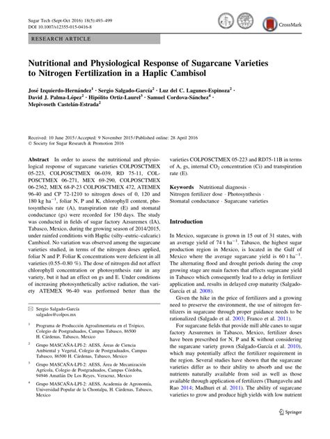 Pdf Nutritional And Physiological Response Of Sugarcane Varieties To Nitrogen Fertilization In