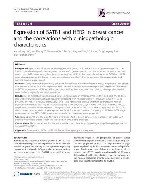 Pdf Expression Of Satb1 And Her2 In Breast Cancer And The