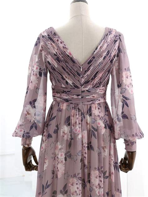 Missjophiel Long Puff Sleeves V Neck Floral Chiffon Wisteria Evening Gown Wedding Guest Dress
