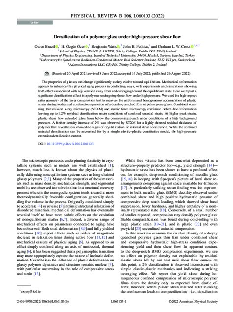 Pdf Densification Of A Polymer Glass Under High Pressure Shear Flow Graham Cross