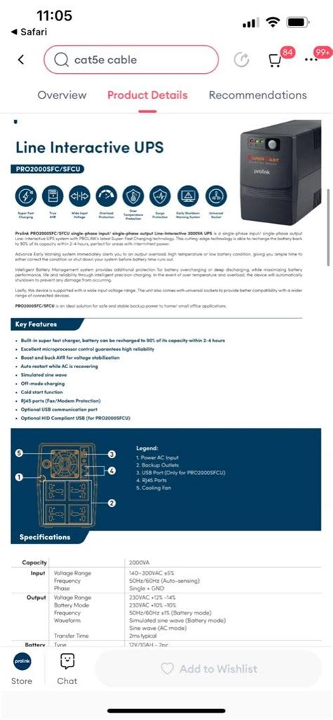 Prolink Pro2000sfcu 2000va1200wsuper Fast Charging Power Back Up Ups