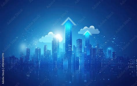 Digital Cityscape With Cloud Icon And Upward Arrow Symbol On A Blue