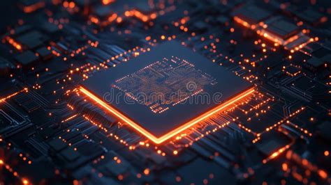 Futuristic Microchip Glowing With Orange Circuits On A High Tech Motherboard Concept Of