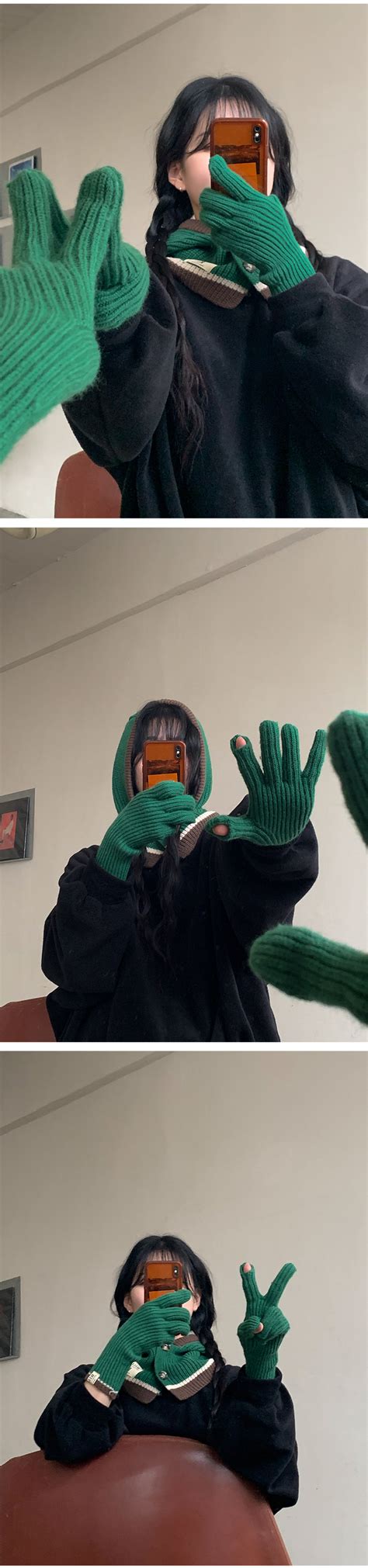 도톰배색 투버튼 니트 바라클라바 핑거홀 장갑 세트 6color