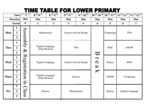Basic 1 6 Weekly Time Table Out Schools Close 12 Noon
