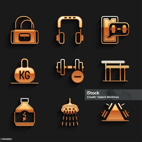 덤벨 샤워 무게가 있는 금속 랙 고르지 않은 막대 스포츠 영양 무게 피트니스 앱 및 가방 아이콘을 설정합니다 벡터 0명에 대한